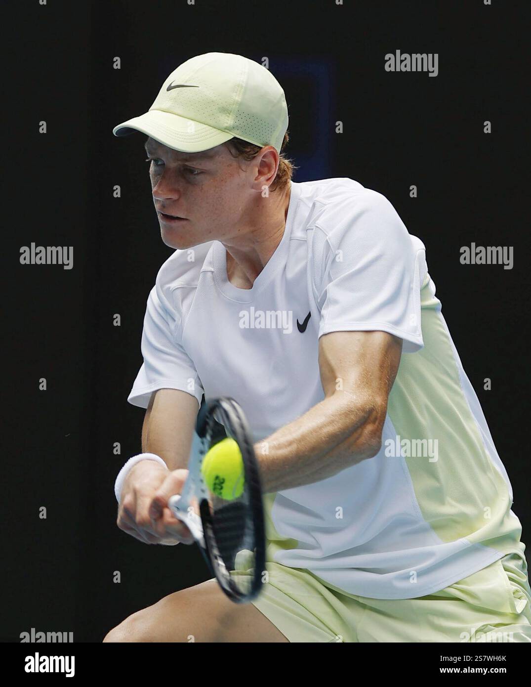 Jannik Sinner of Italy plays against Holger Rune of Denmark during the fourth round of men's ...