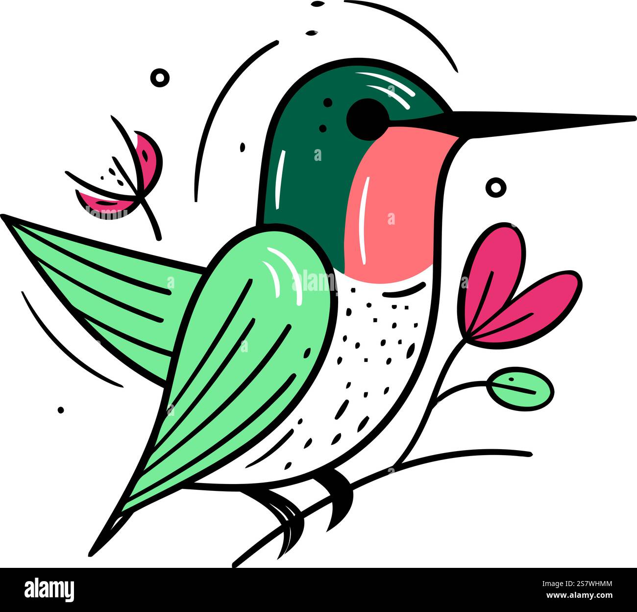 Cute cartoon hummingbird with flowers. Hand drawn vector illustration ...