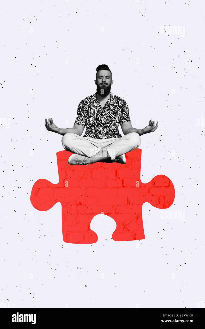 Photo poster 3d image collage banner of focused man sit puzzle element ...