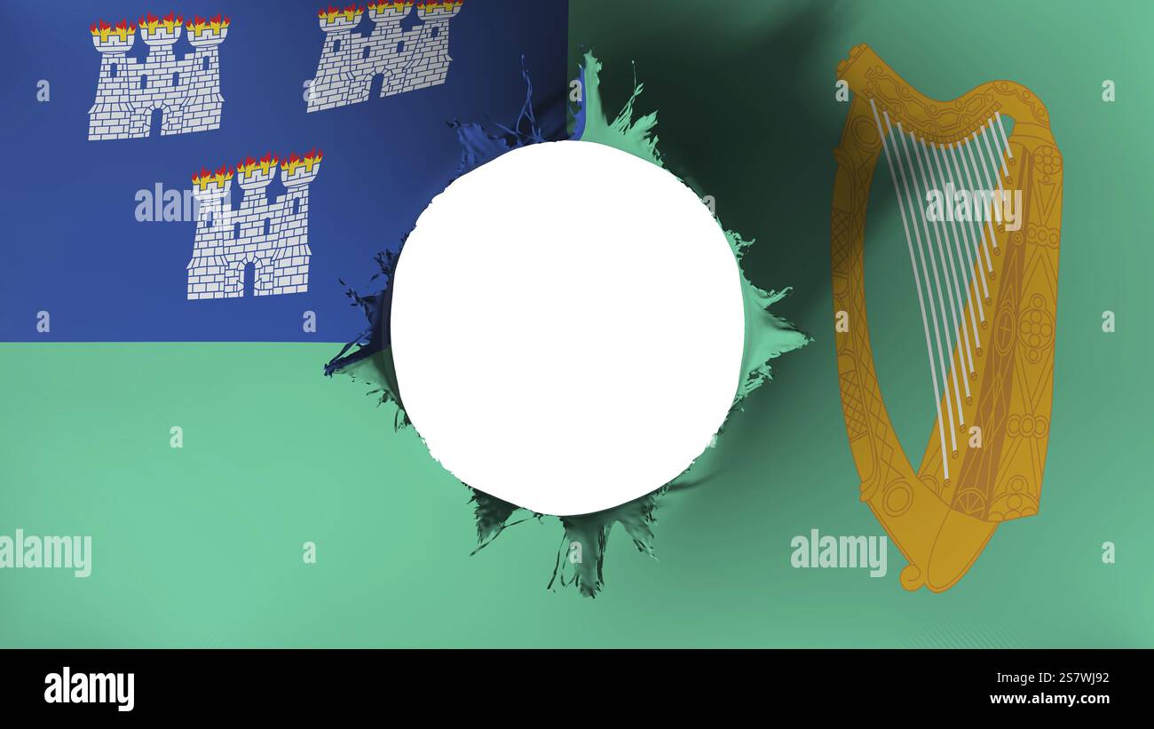 Dublin, capital of Ireland flag ripped apart, white background, 3d ...