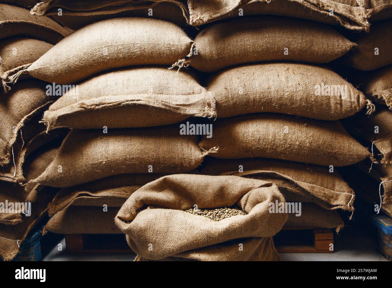 Open Woven Bag Filled With Fresh Coffee Beans in Warehouse Surrounded ...