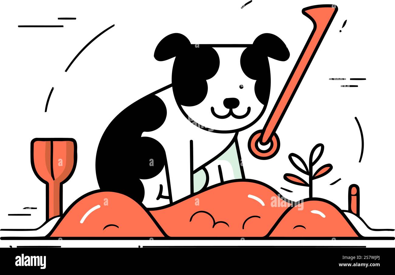 Cute dog playing golf. Vector illustration in thin line style Stock ...