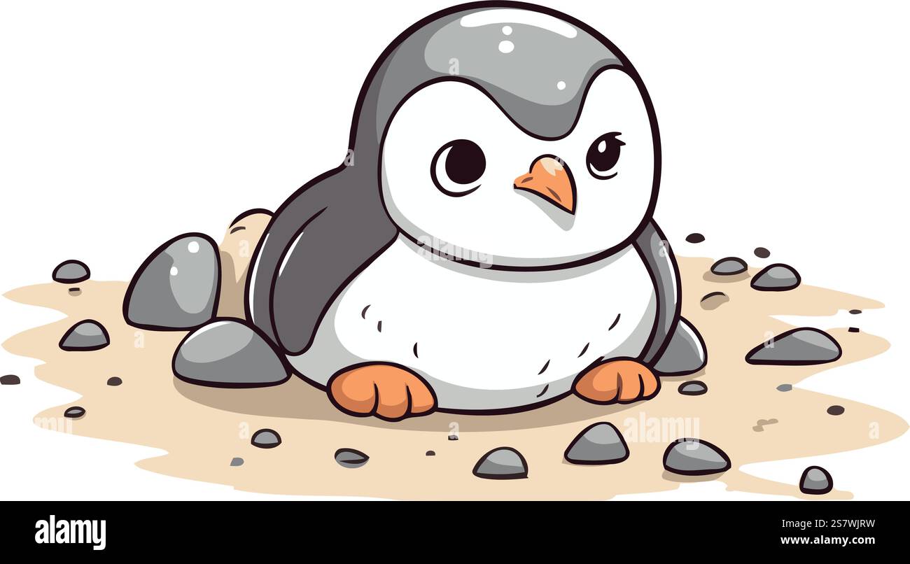 Cute penguin sitting on the ground. Cartoon vector illustration Stock ...