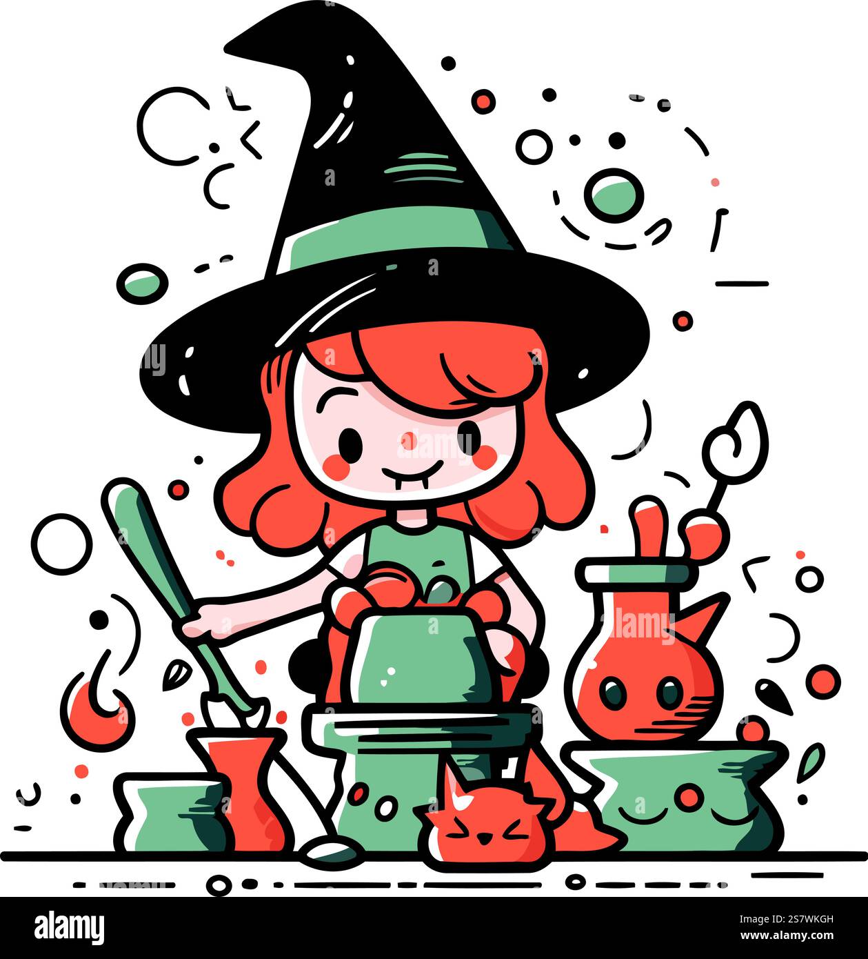 Cute girl in witch costume with pot and spoon. Vector illustration ...