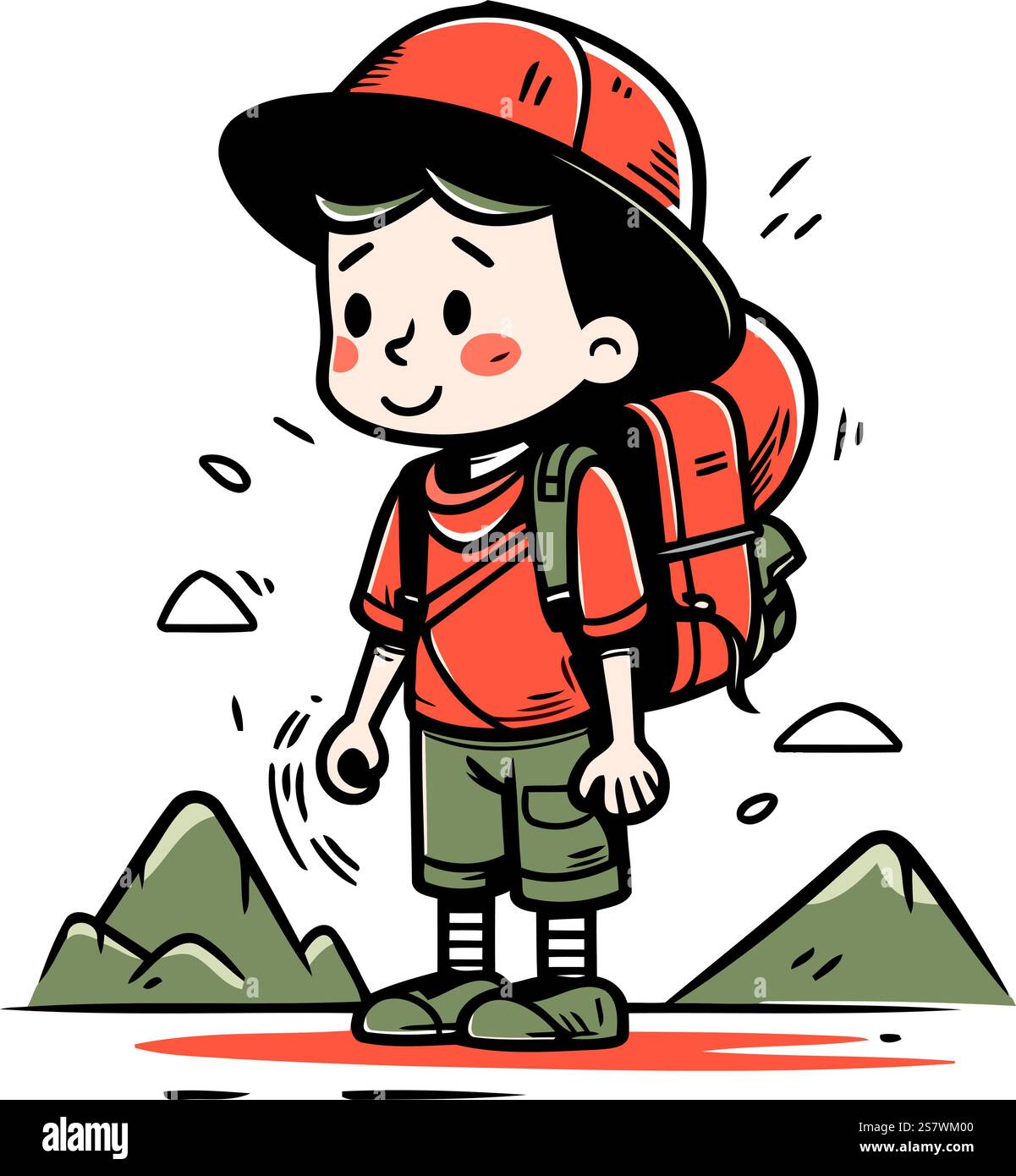Cute little boy hiking in mountains. Vector hand drawn illustration ...