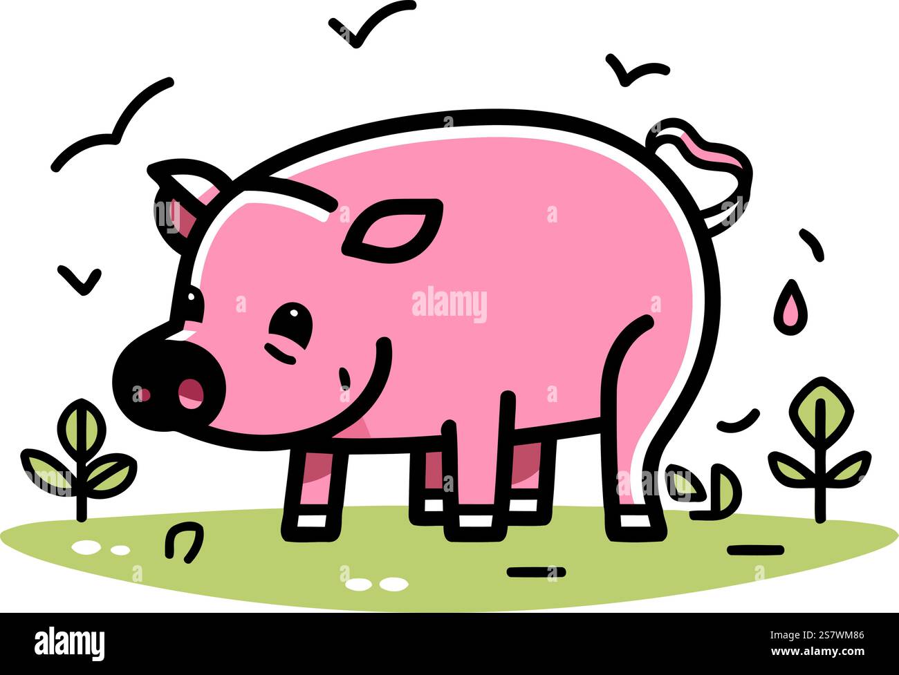 Cute piggy standing in the grass. Vector illustration in flat style ...