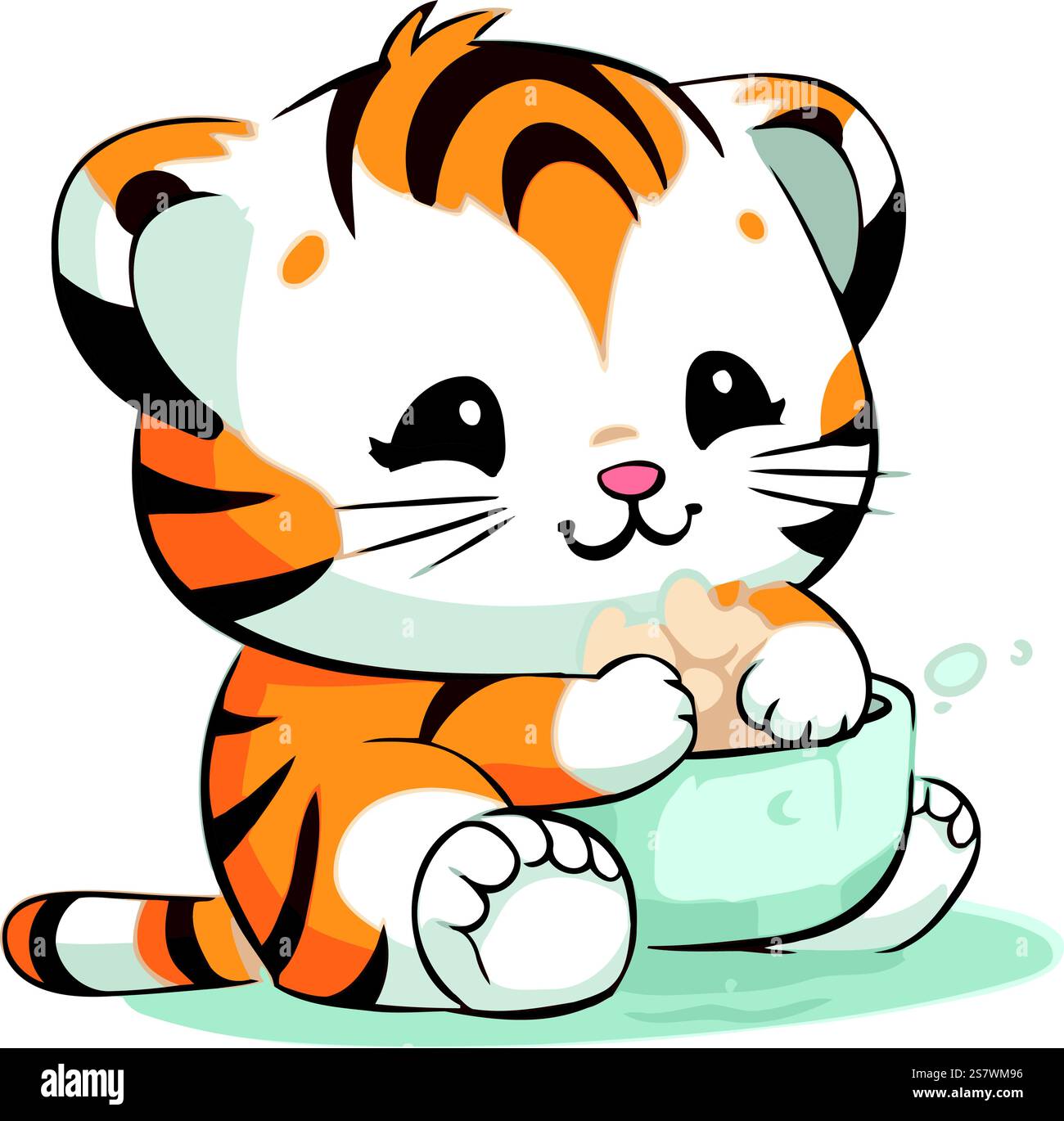 Cute little tiger sitting and holding a bowl of food. Vector ...