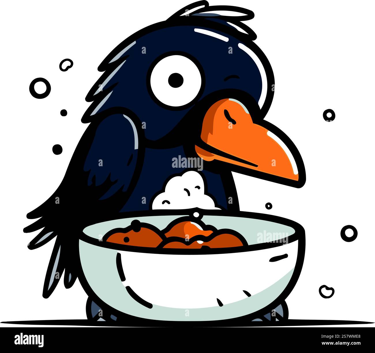 Cute crow eating food from bowl. Vector cartoon character illustration ...