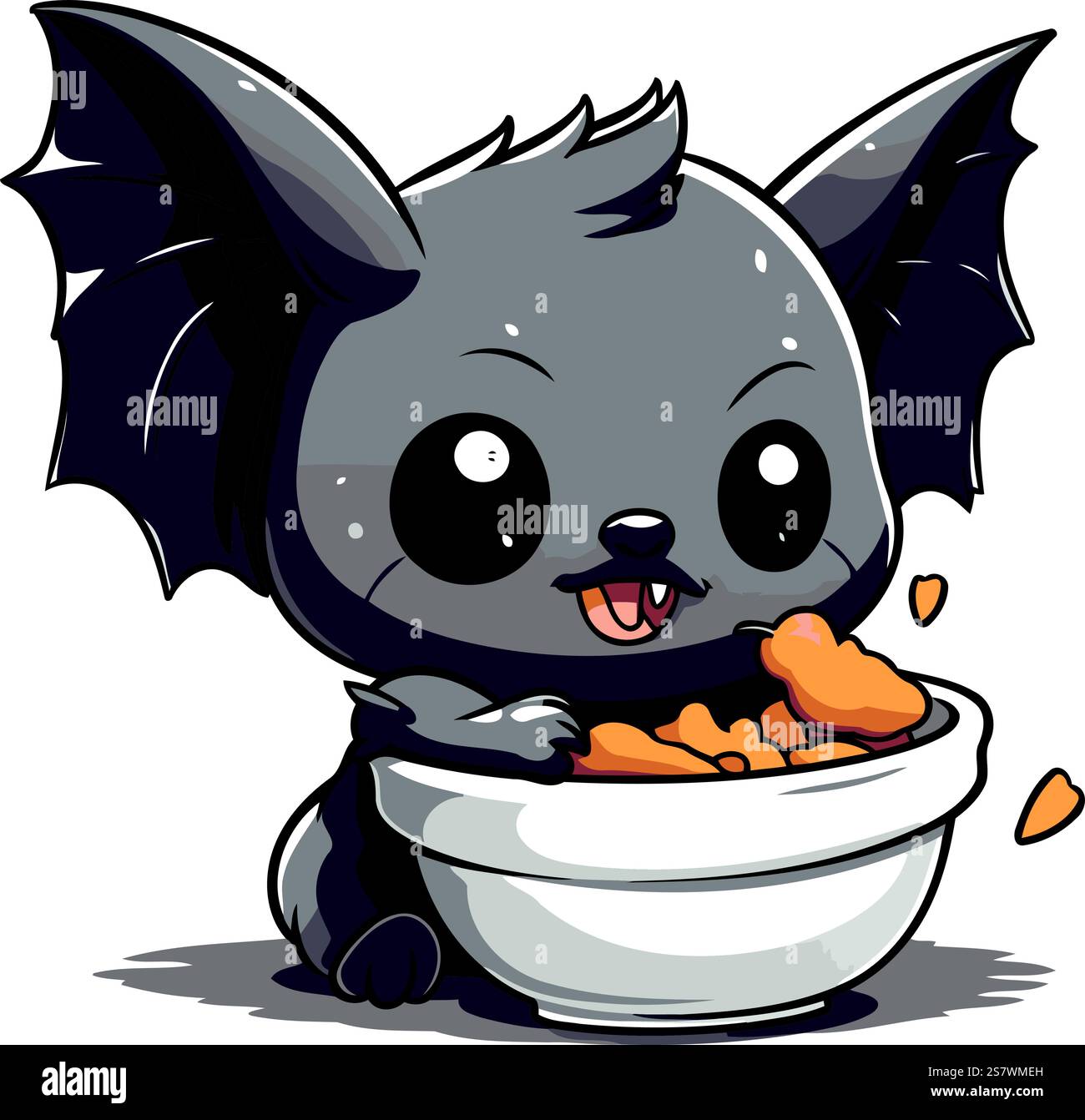 Cute cartoon bat eating a bowl of food. Vector illustration Stock ...