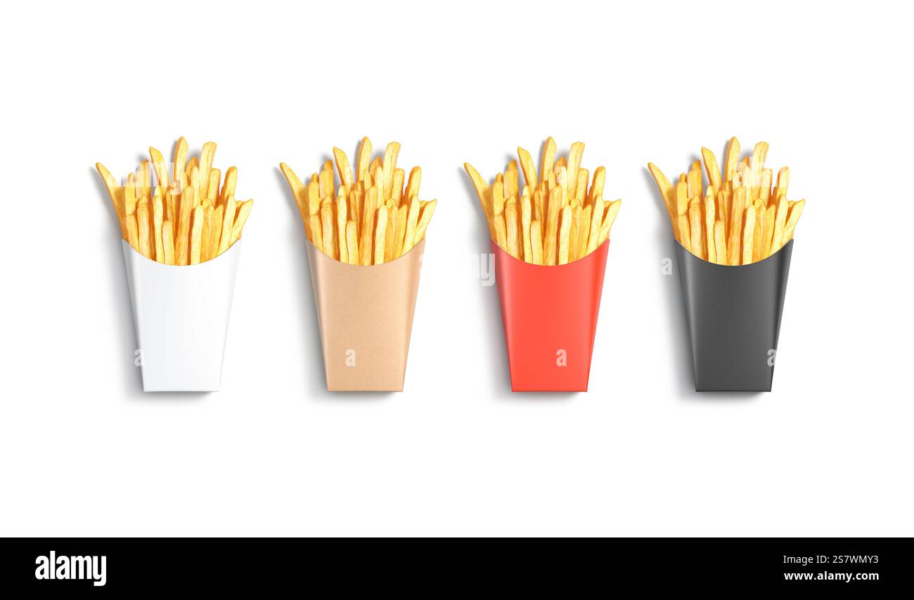 Blank black, white, craft, red paper pack french fries mockup, 3d ...
