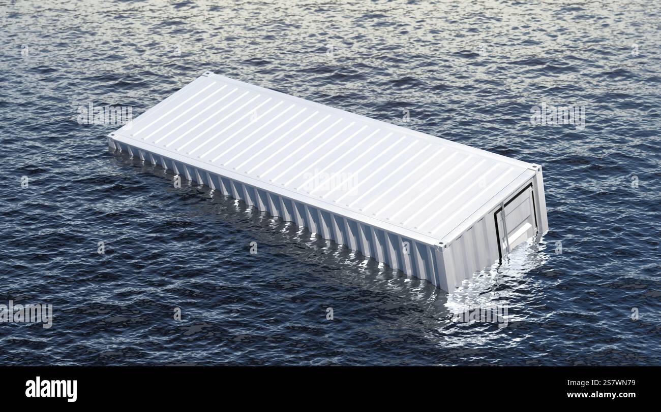White metal cargo container floating in water background, 3d rendering ...