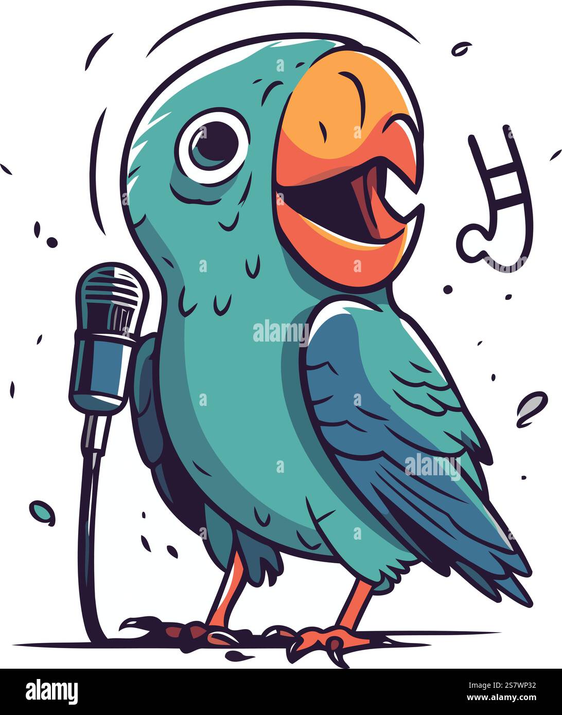 Vector illustration of a cute cartoon parrot singing into a microphone ...