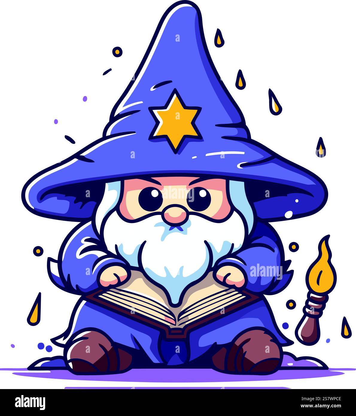Cute Cartoon Wizard Sitting With A Book. Vector Illustration Stock ...