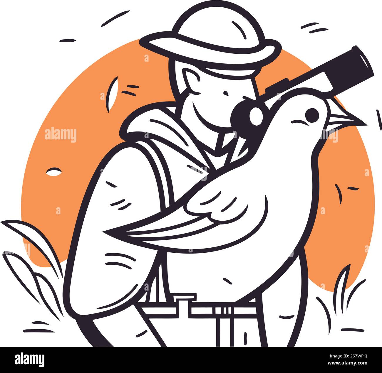 Bird hunter with spyglass. Vector illustration in line art style Stock ...