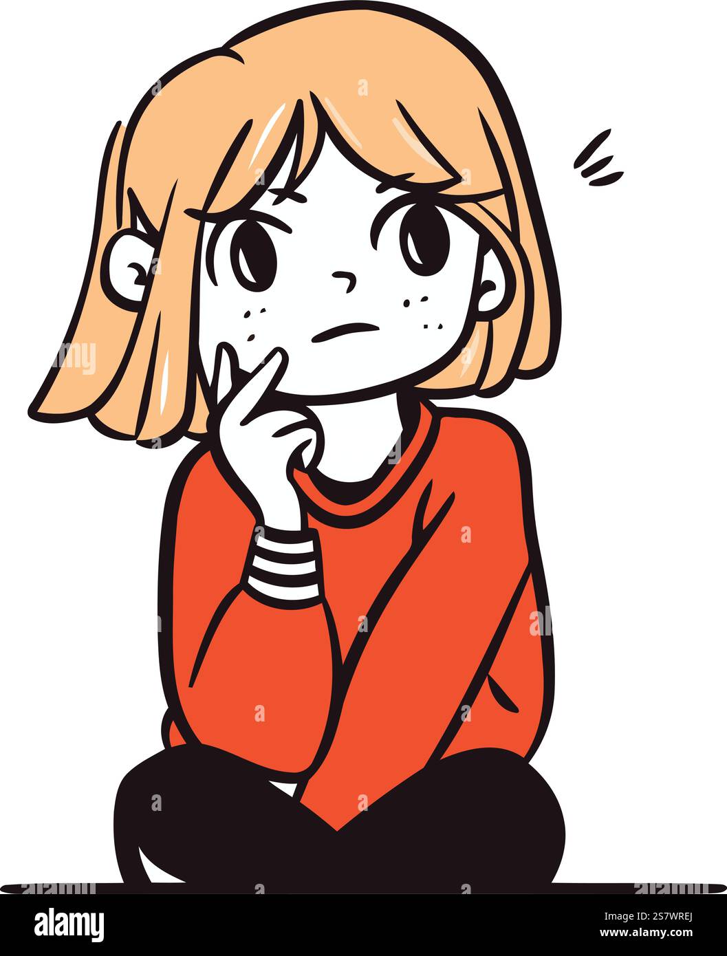 Cute little girl thinks about something. Vector illustration in cartoon ...