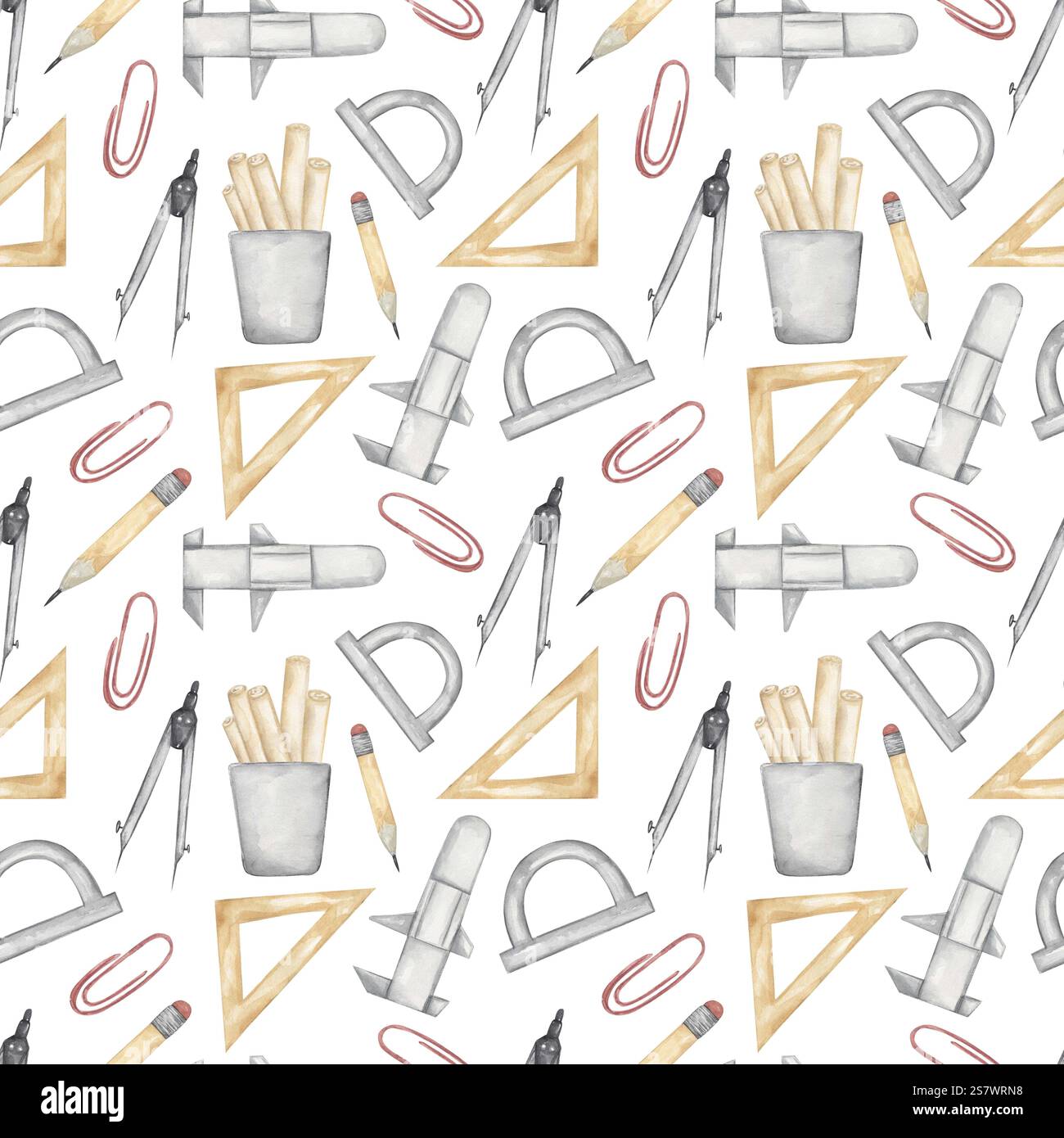 watercolor engeneer objects seamless pattern, ruler, clip, blueprint ...