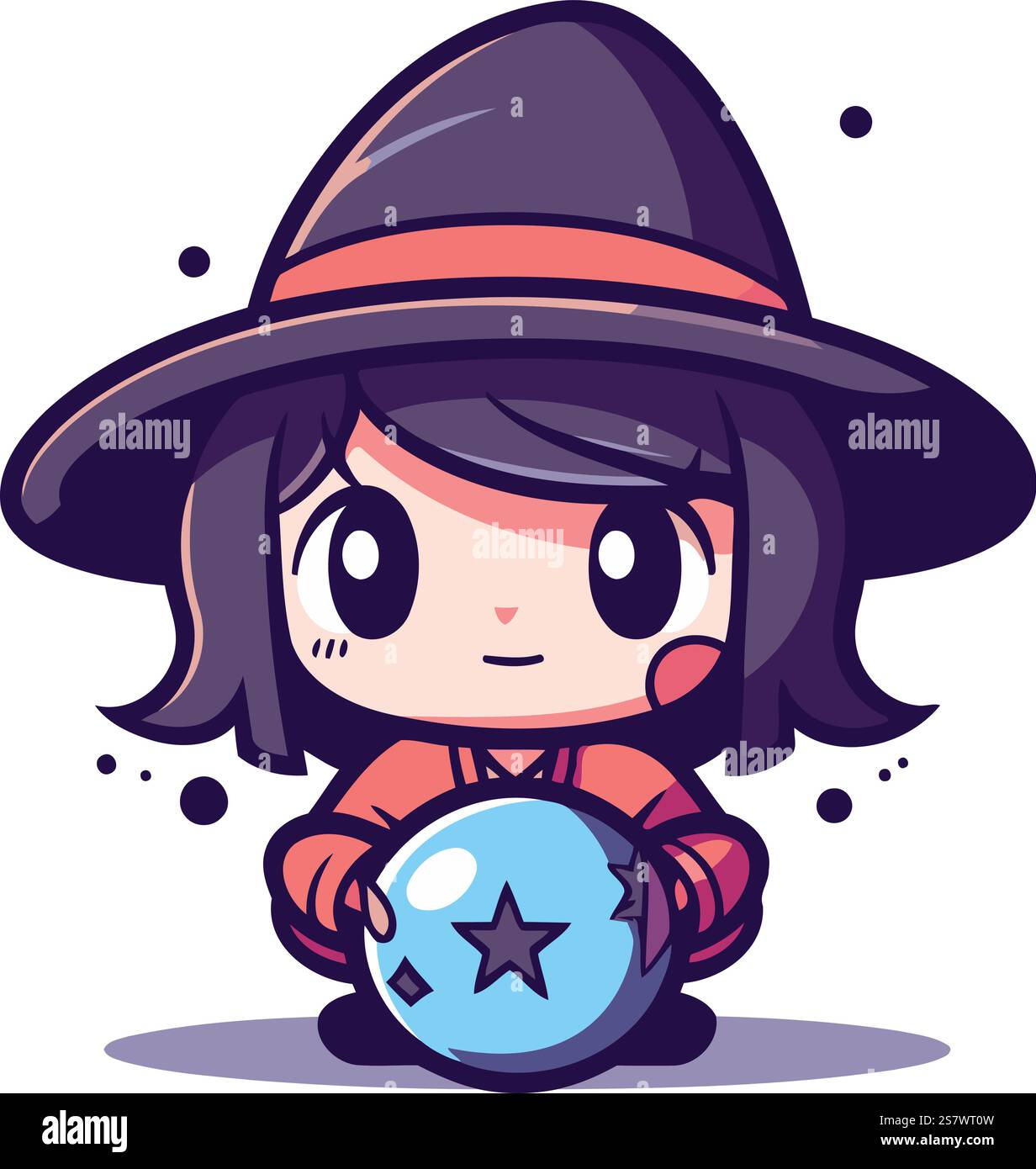 Cute little witch with magic ball. Vector illustration in cartoon style ...