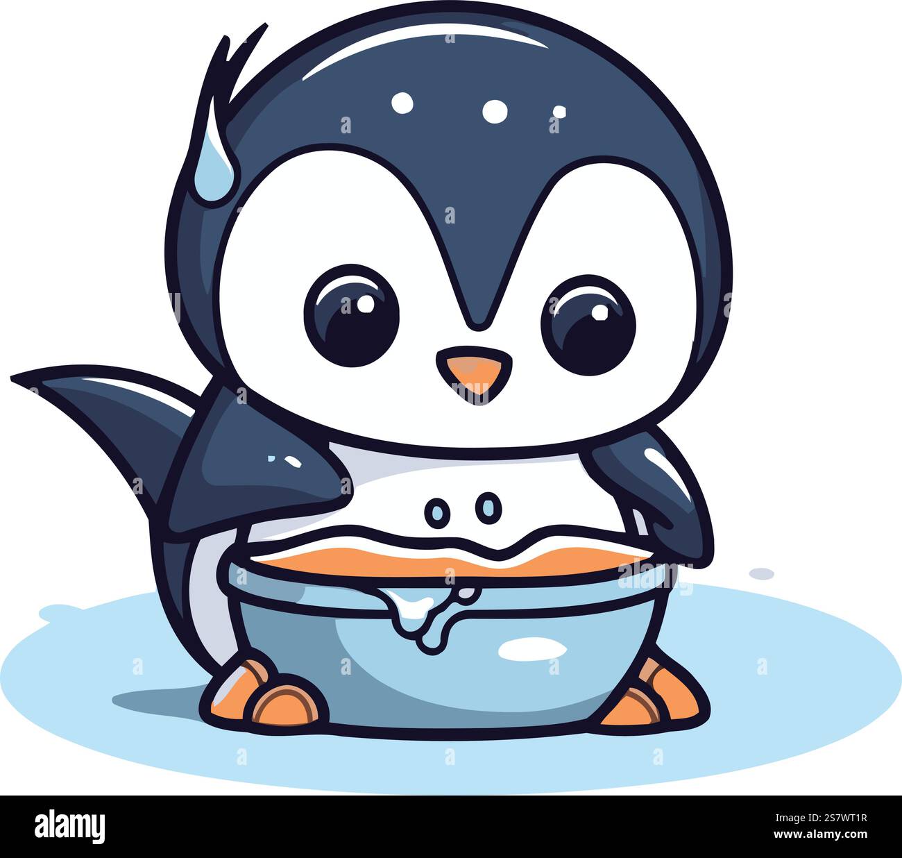 Cute cartoon penguin eating a bowl of soup. Vector illustration Stock ...