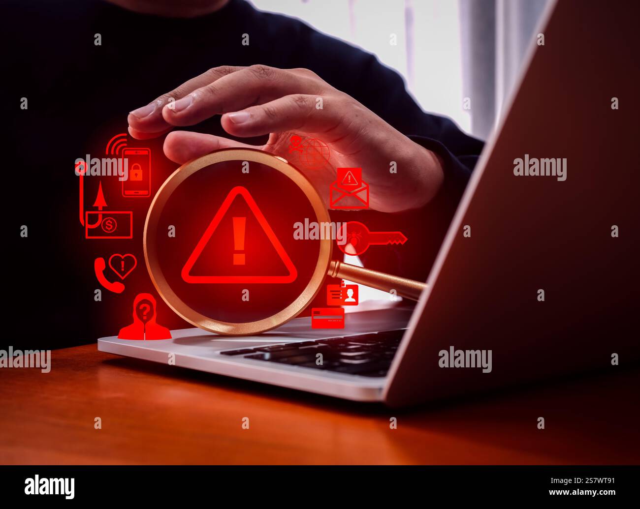 Scam and fraud caution, red warning alert icon, system hacked error ...