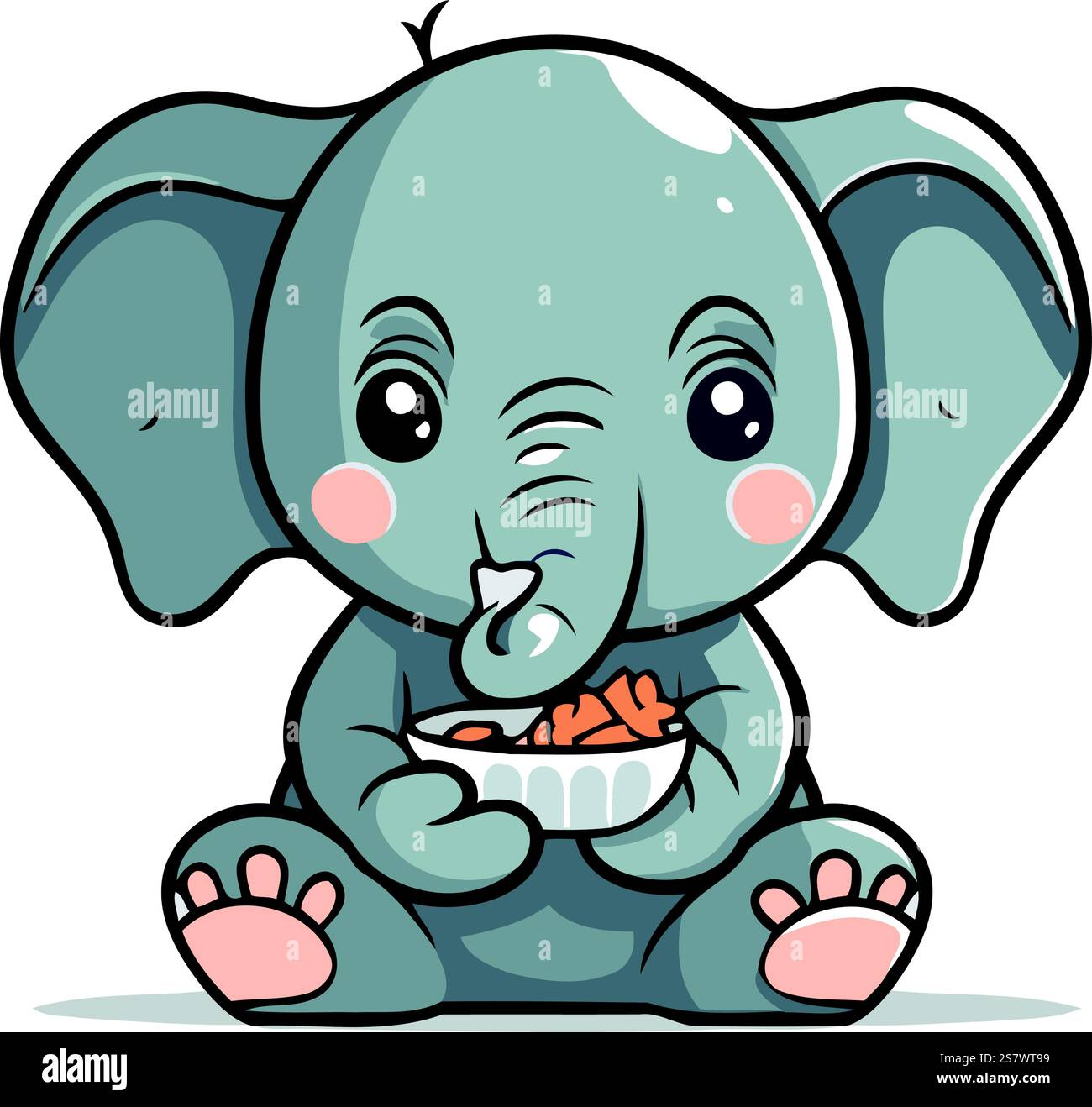 Cute Cartoon Elephant Eating Nuts. Vector Illustration Isolated On ...