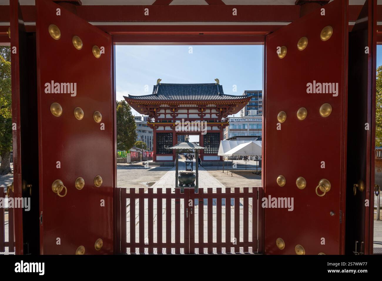 Ancient Red Temple Gate at Shitenno-ji Temple in Osaka, Japan Stock ...