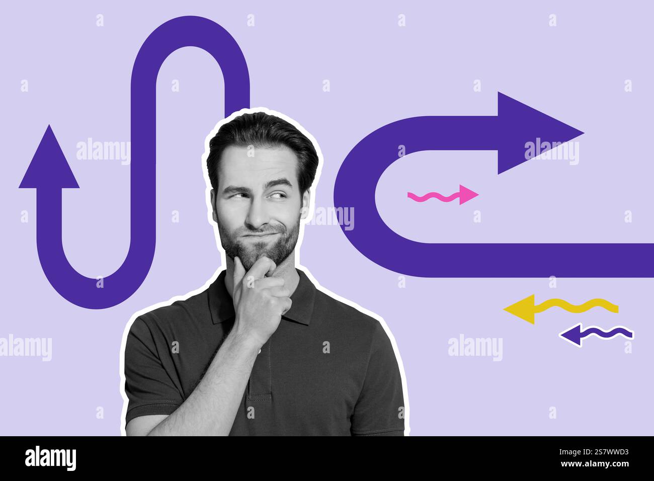 Contemporary poster trend art collage of doubtful man hold chin arrow ...