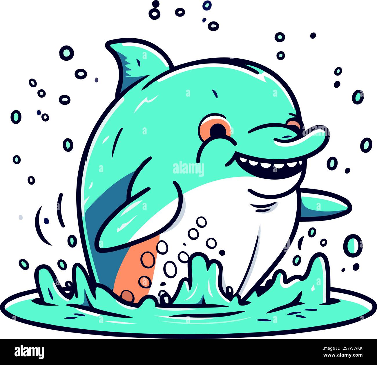 Cute cartoon dolphin with splashes of water. Vector illustration Stock ...