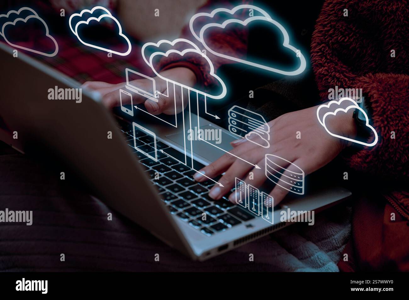 Cloud computing technology concept. Businessman shows cloud storage network technology icon ...