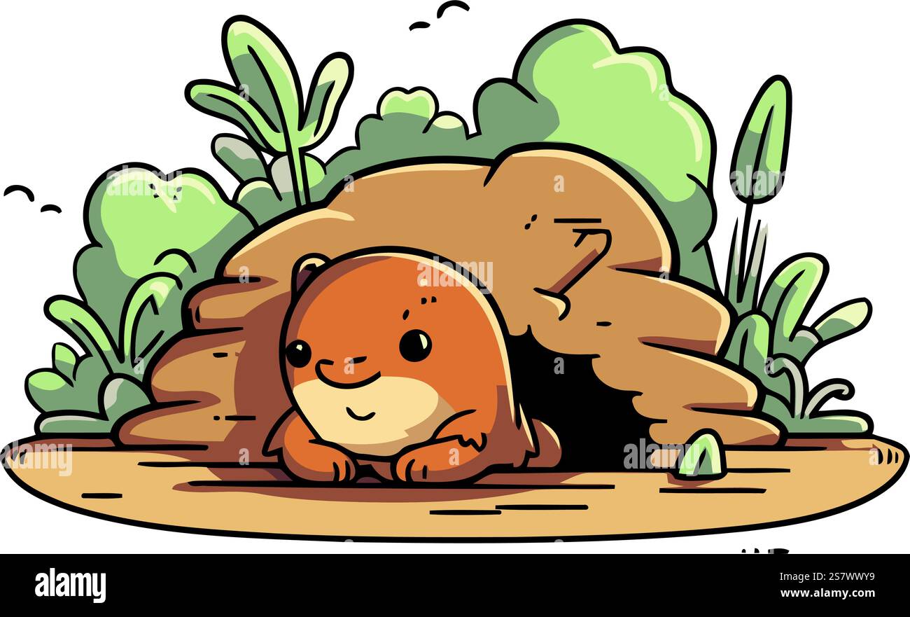 Cute cartoon beaver in a cave. Vector illustration. Wild animal Stock ...