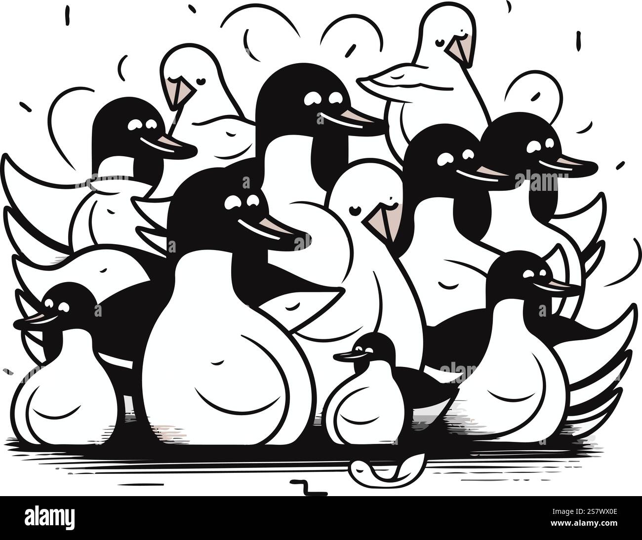 Black and white vector illustration of a group of ducks with ducklings ...