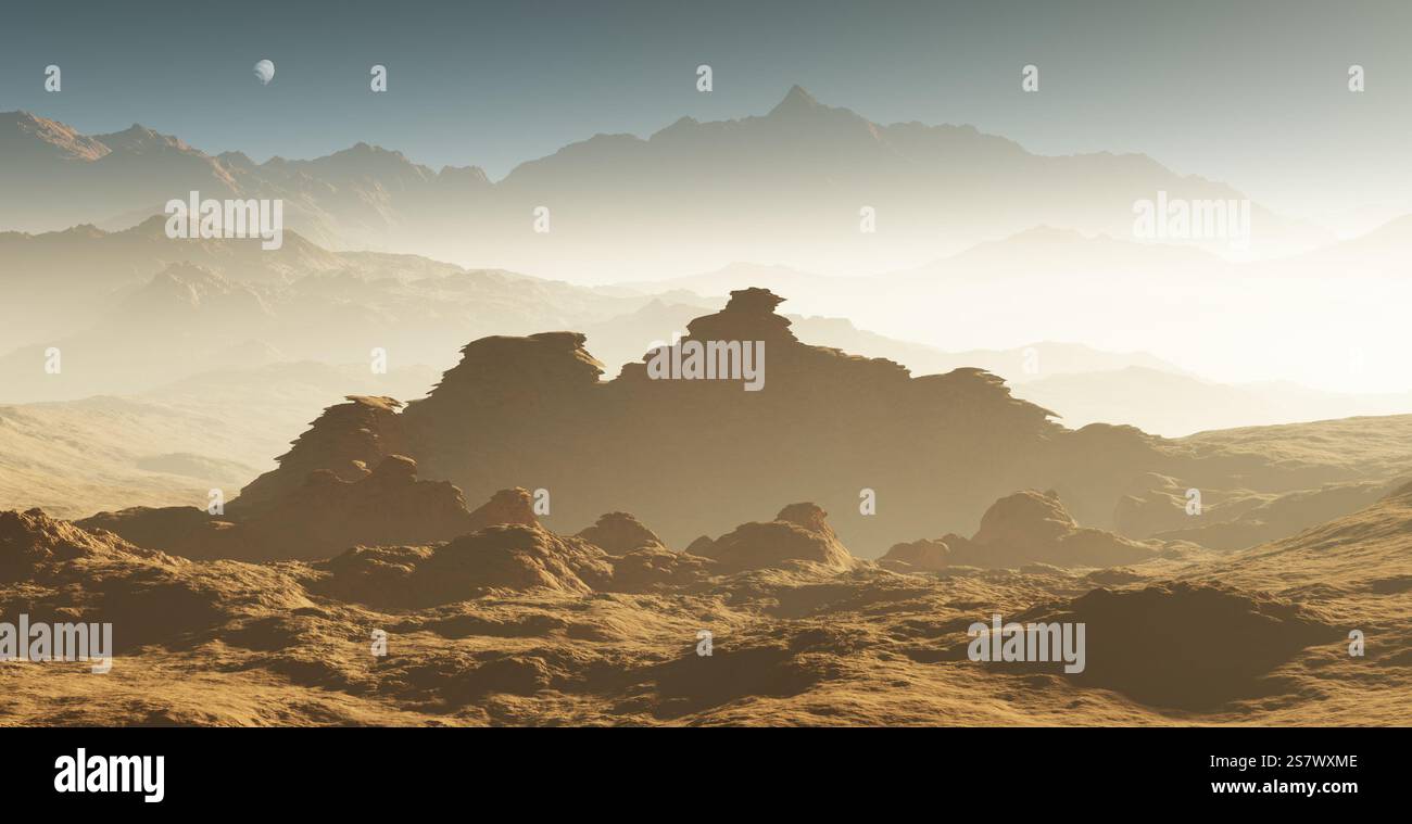 Dust storm on Mars. Sunset on Mars. Martian landscape with craters ...