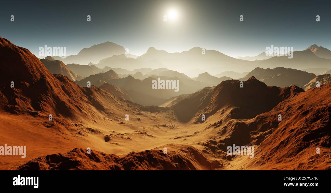 Dust storm on Mars. Sunset on Mars. Martian landscape with craters ...