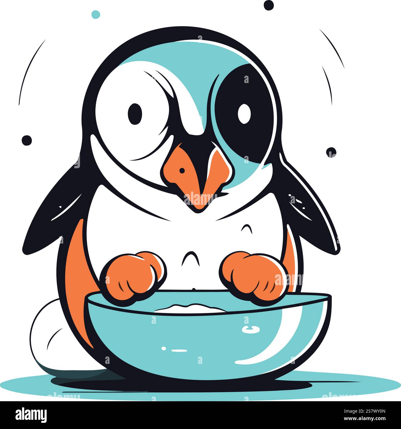 Cute penguin eating from a bowl. Vector illustration in cartoon style ...