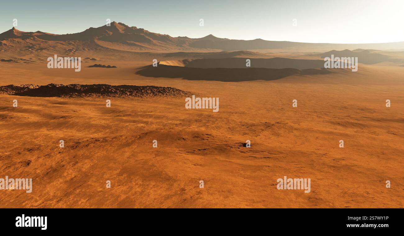 Dust storm on Mars. Sunset on Mars. Martian landscape with craters ...