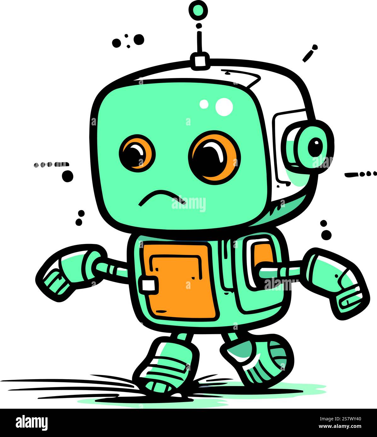 Cute cartoon robot with sad expression on his face. Vector illustration ...