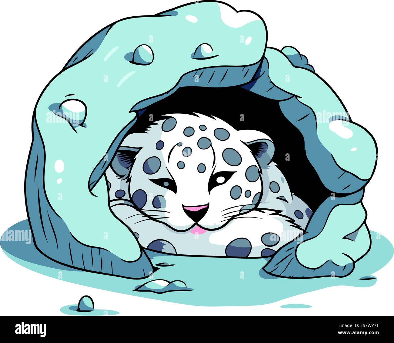 Cartoon vector illustration of a snow leopard sleeping in a cave Stock ...