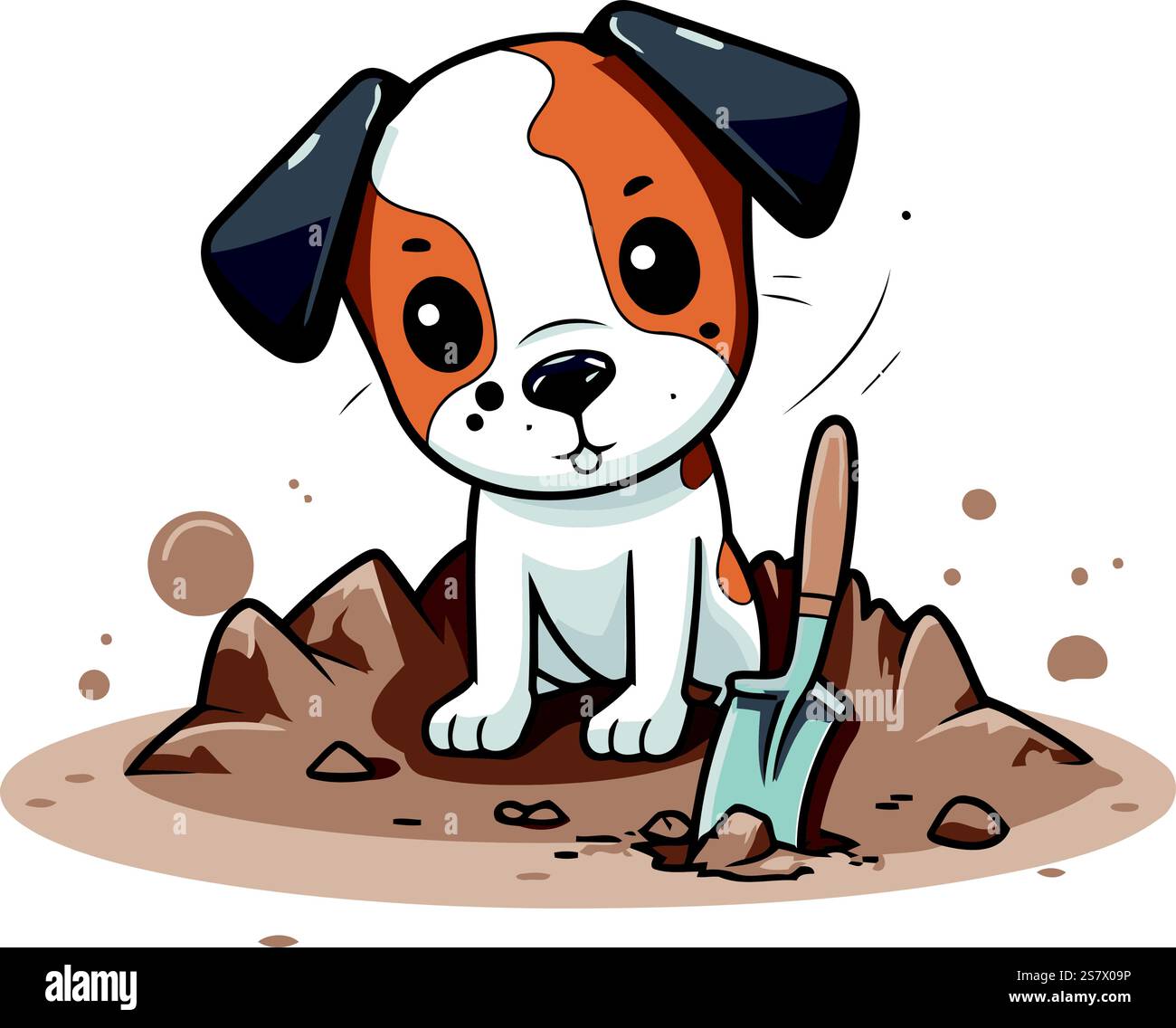 Cute cartoon dog digging a hole with a shovel. Vector illustration ...