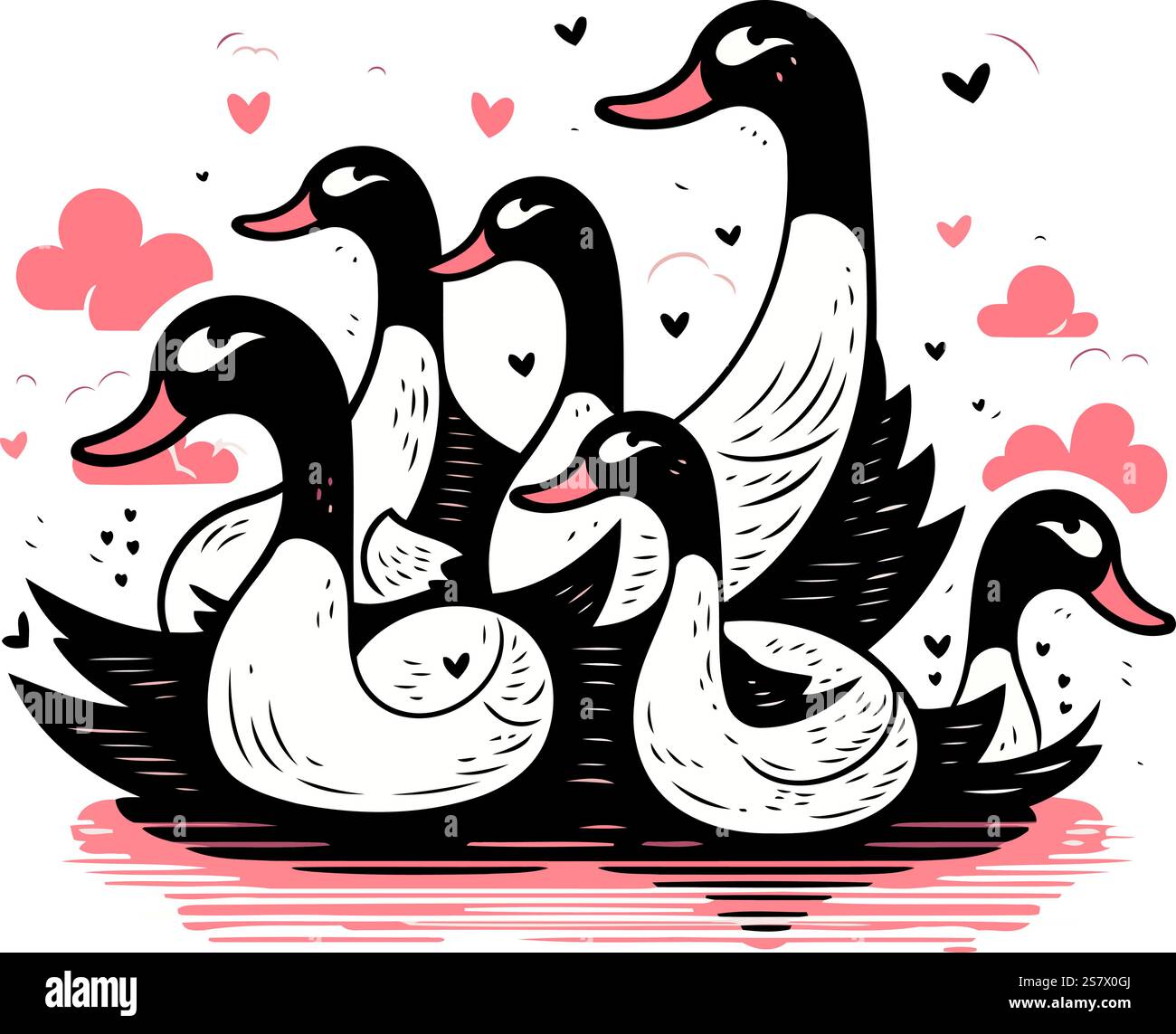 Vector hand drawn illustration of family of ducks in love. Sketch for ...