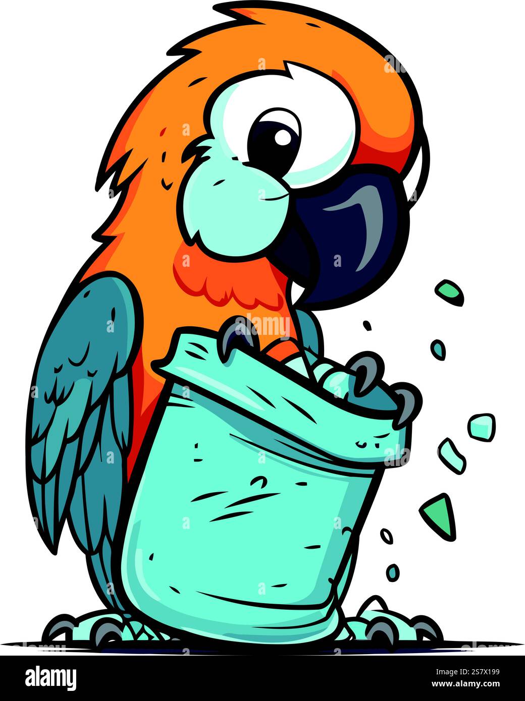 Cute parrot with a bucket of garbage. Vector illustration Stock Vector ...