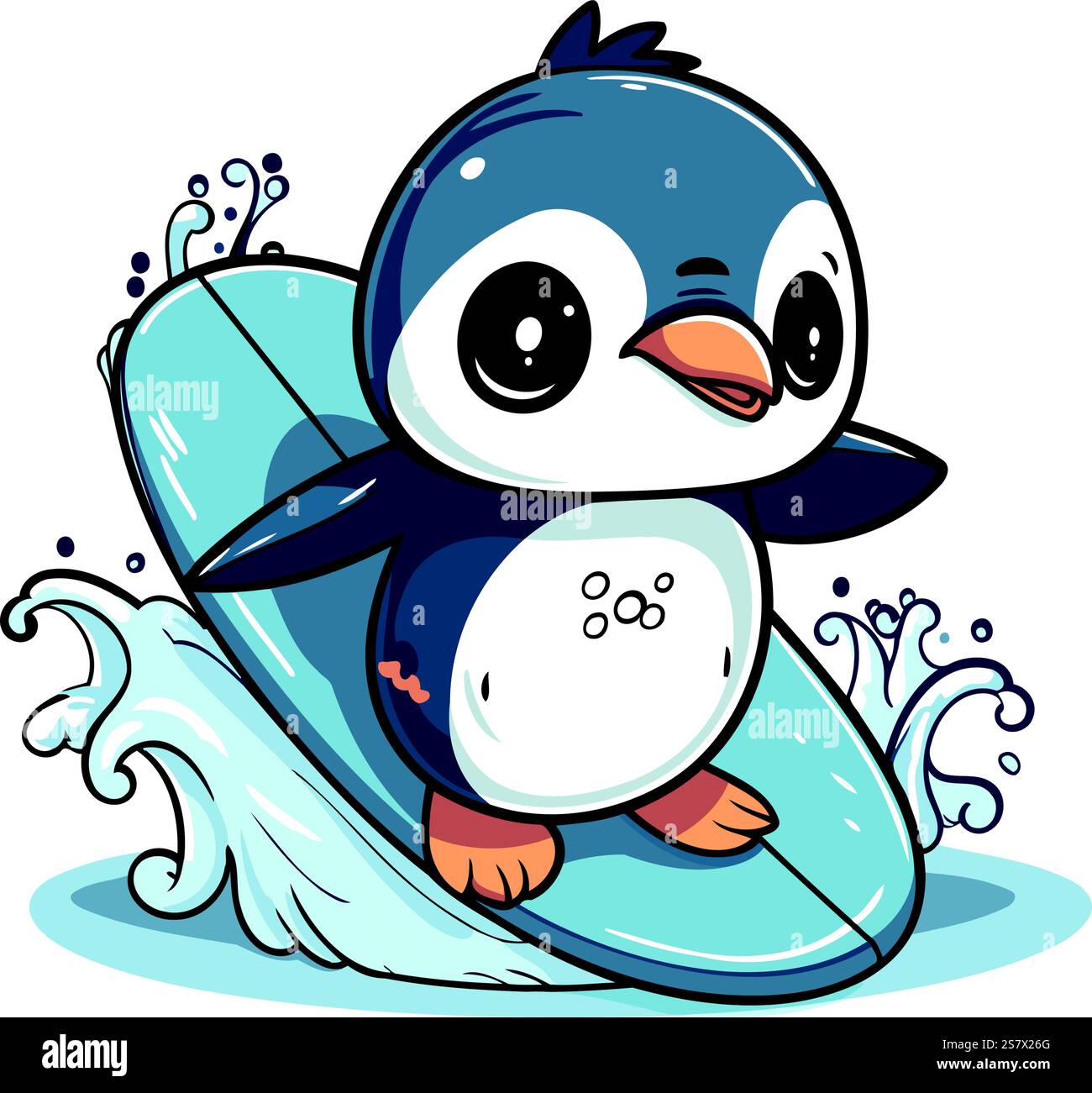 Cute penguin riding a surfboard. Vector illustration in cartoon style ...