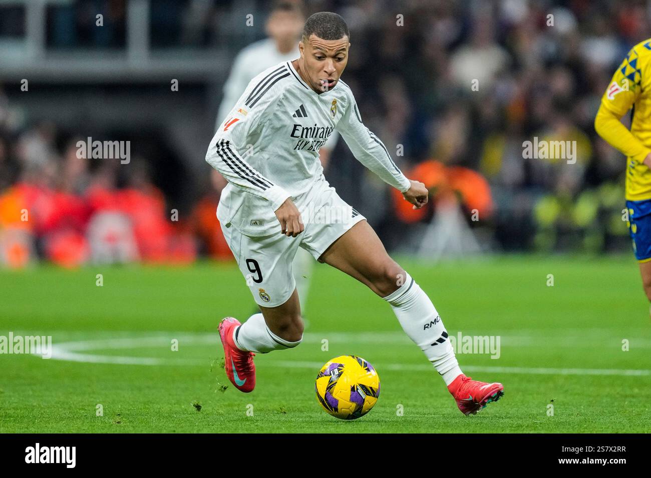 Real Madrid's Kylian Mbappe controls the ball during a Spanish La Liga ...