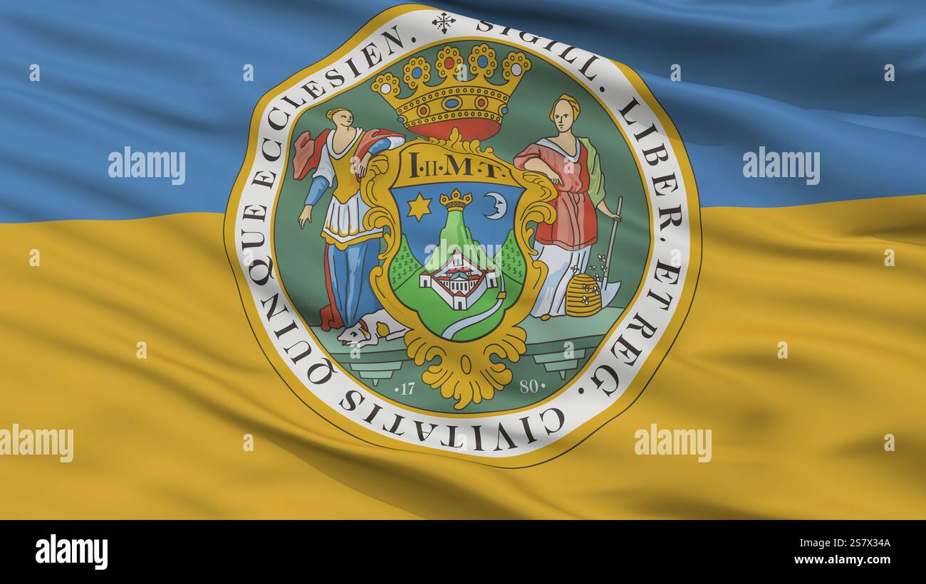 Hun Pecs City Flag, Country Hungary, Closeup View, 3D Rendering Stock ...