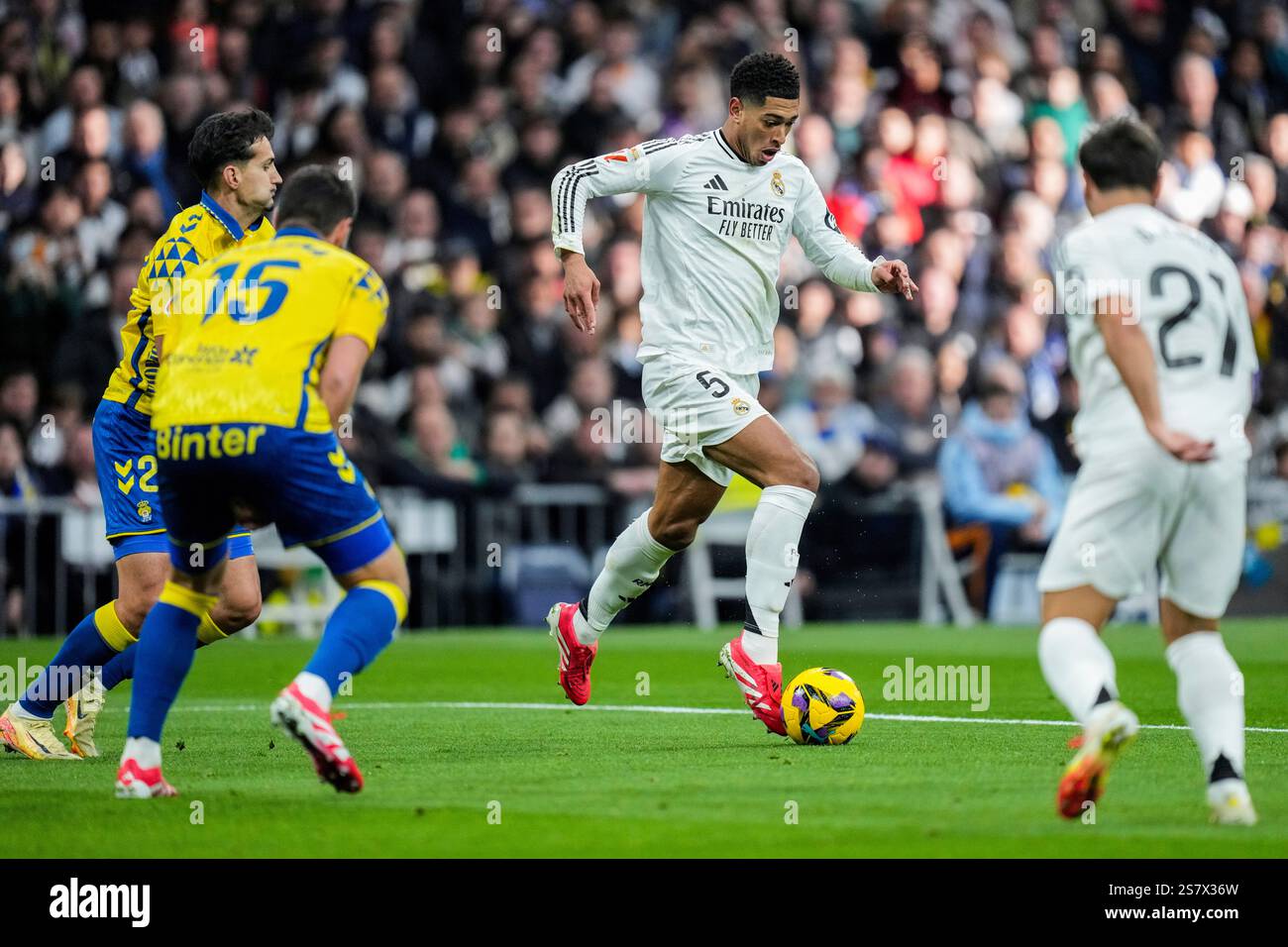 Real Madrid's Jude Bellingham, controls the ball during a Spanish La ...