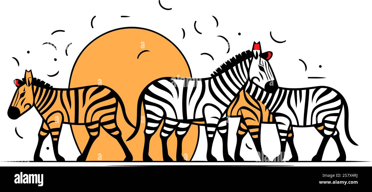 Zebra family in line art style on white background. Vector illustration ...