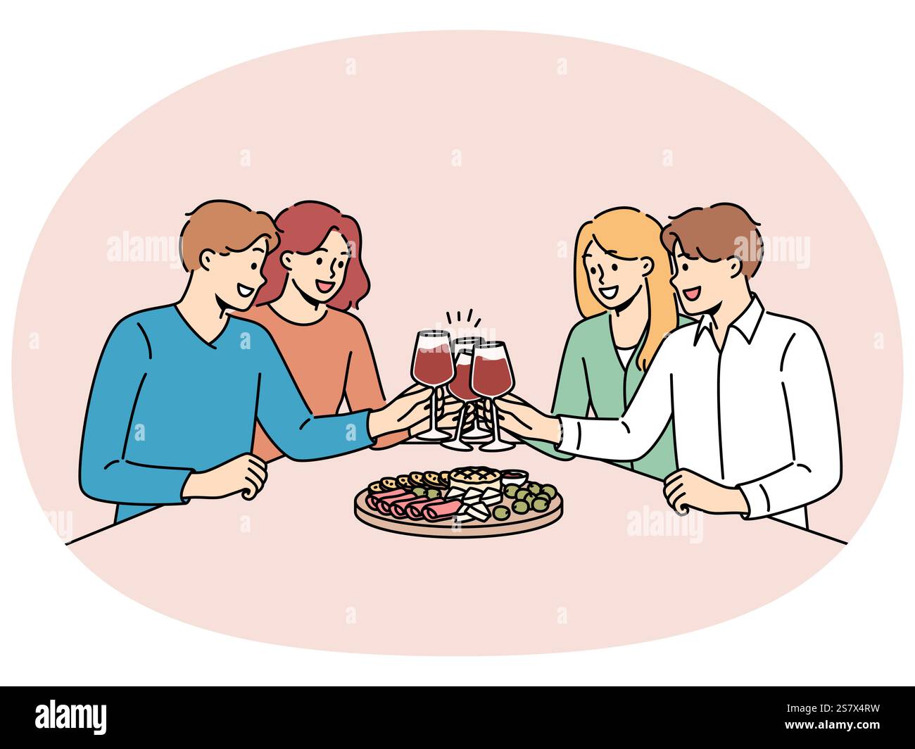 People drink wine with friends and eat snacks during friday night party ...