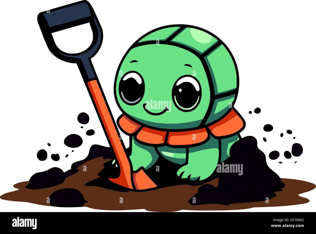 Cute cartoon turtle digging in the ground with shovel. Vector ...