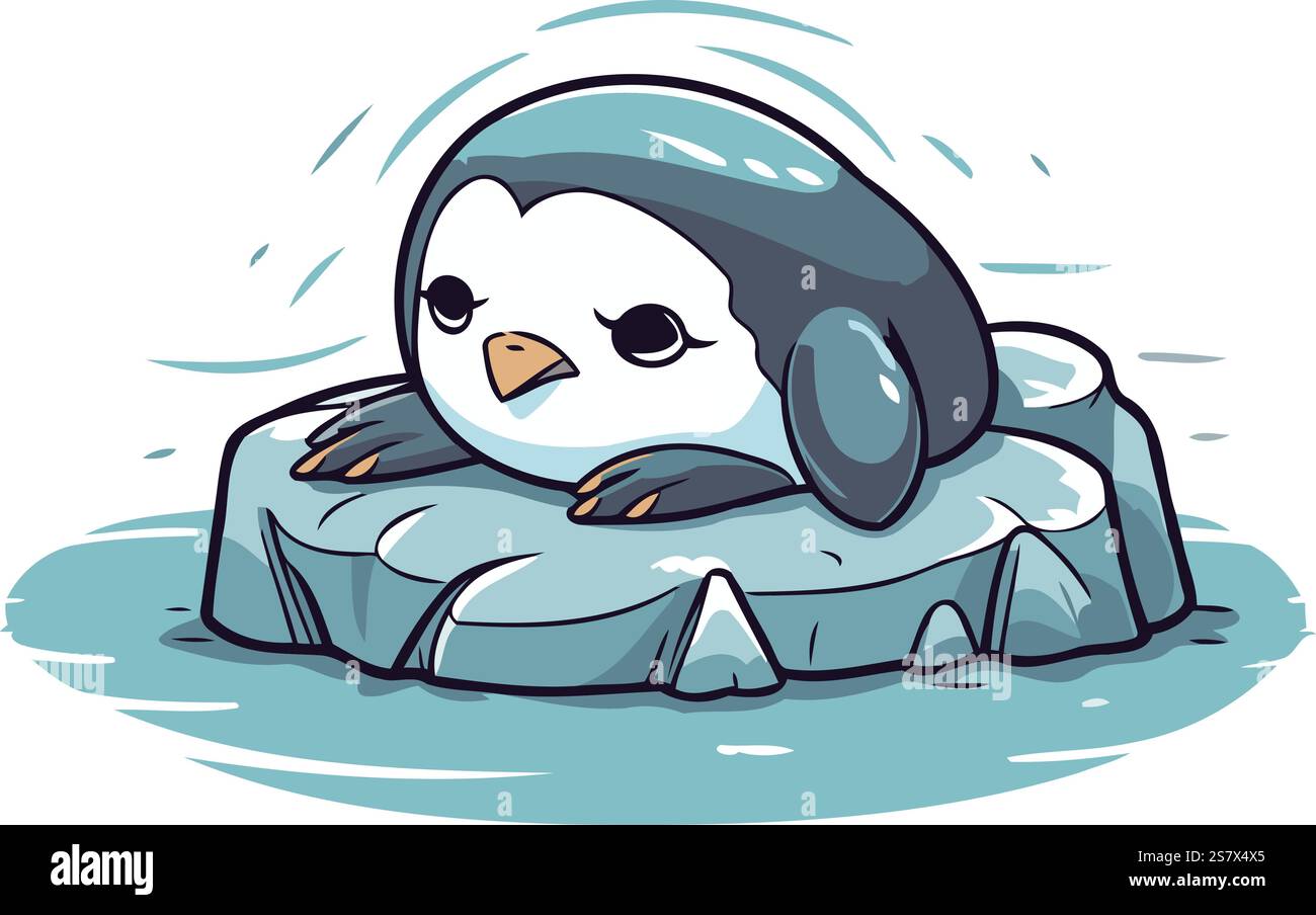 Cute cartoon penguin sitting on a rock. Vector illustration Stock ...