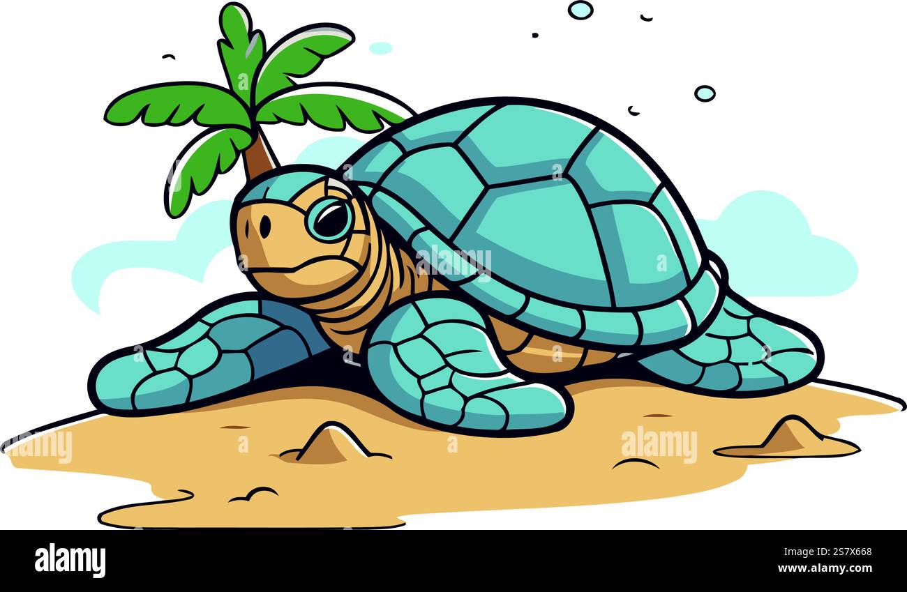 Cute cartoon turtle with palm on the beach. Vector illustration Stock ...