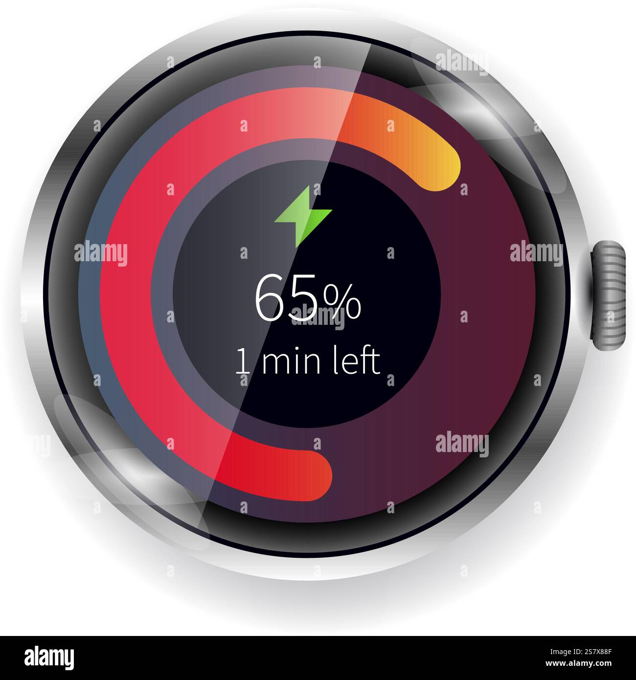 A sleek smartwatch charging interface displaying real time progress with a vibrant gradient arc ...