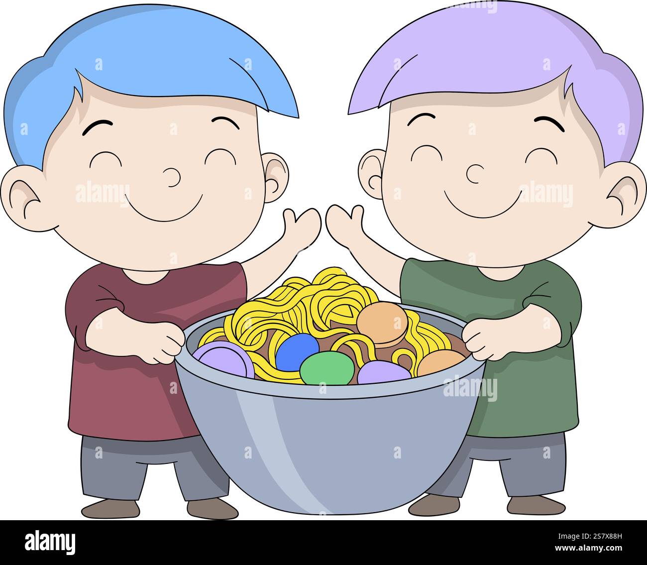 This vector illustration features two cheerful twin boy mascots with ...